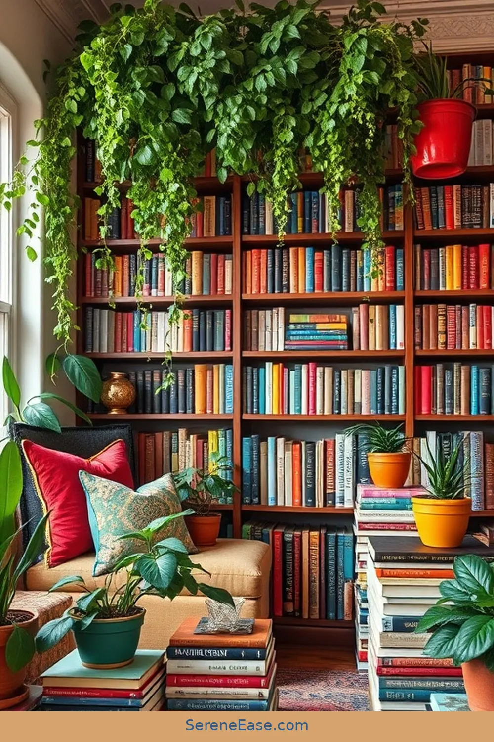 Incorporating Jewel Tones in a Bohemian Library Style - Serene Ease
