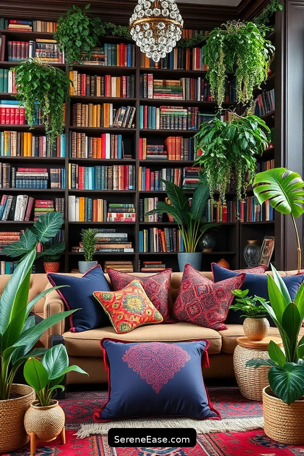 Incorporating Jewel Tones in a Bohemian Library Style - Serene Ease